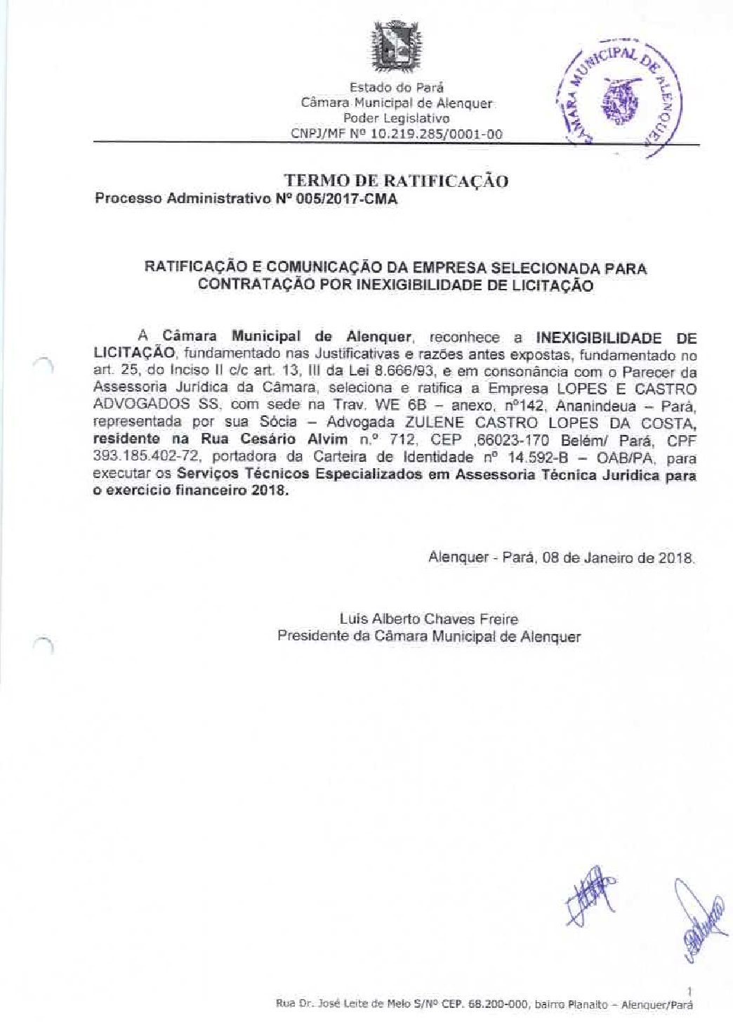 TERMO DE RATIFICAÇÃO - Câmara Municipal de Alenquer